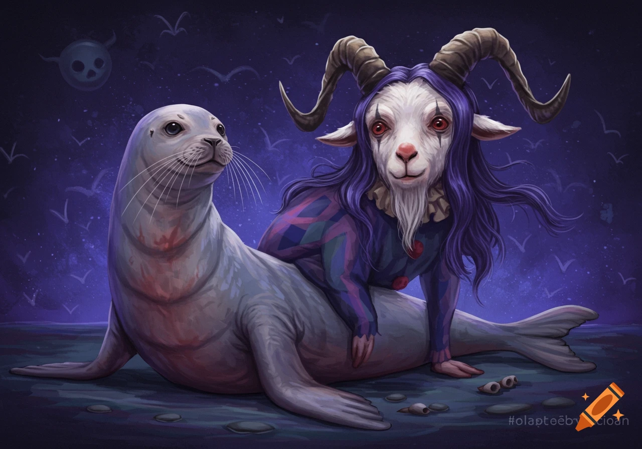 A whimsical, slightly creepy illustration of a light grey seal and a ...
