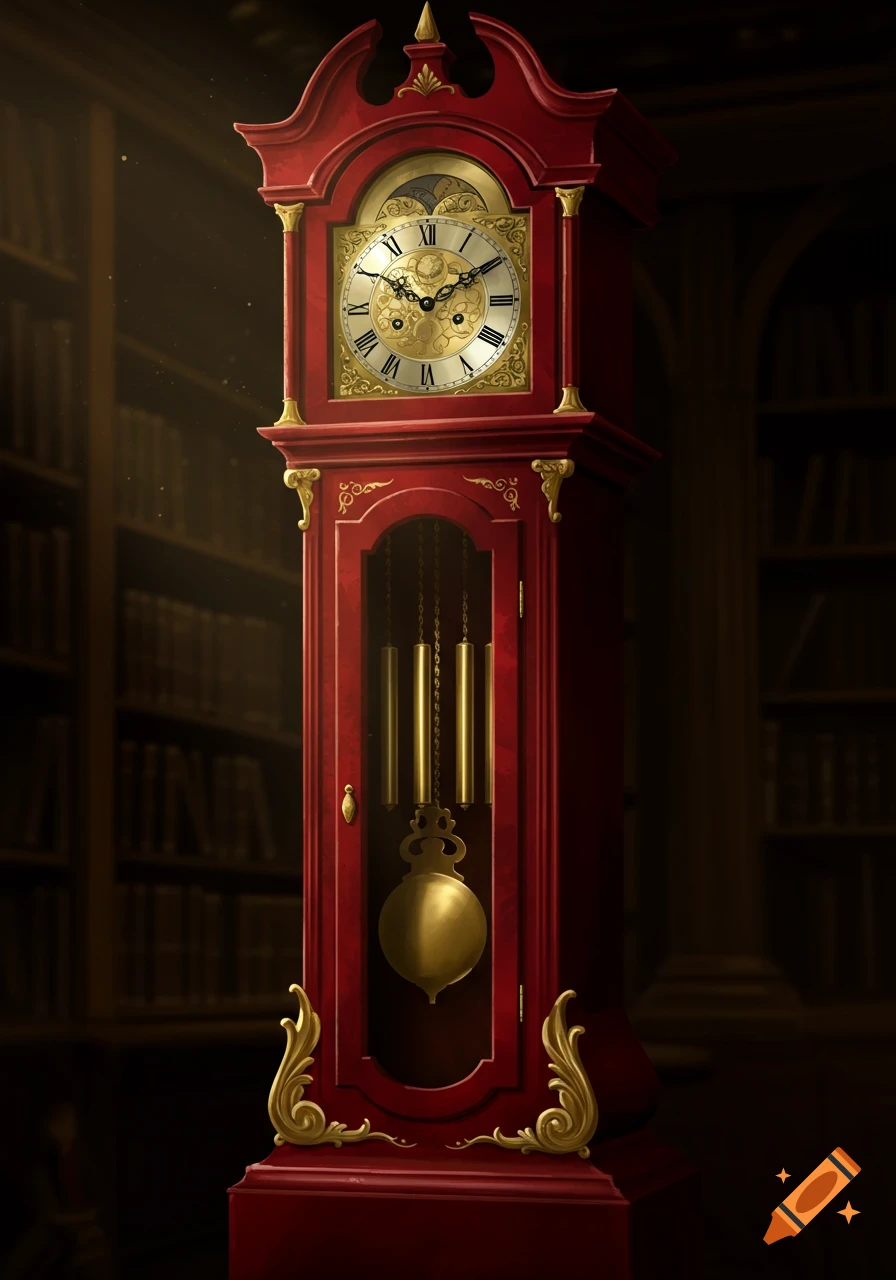 A tall, ornate red grandfather clock with gold accents and Roman ...