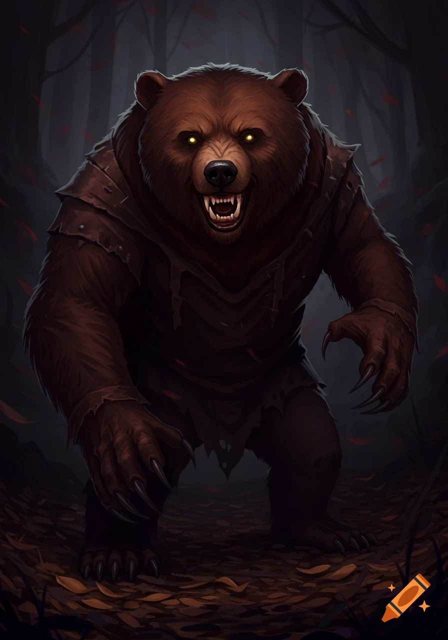 A menacing bear-like creature with glowing eyes and sharp claws ...