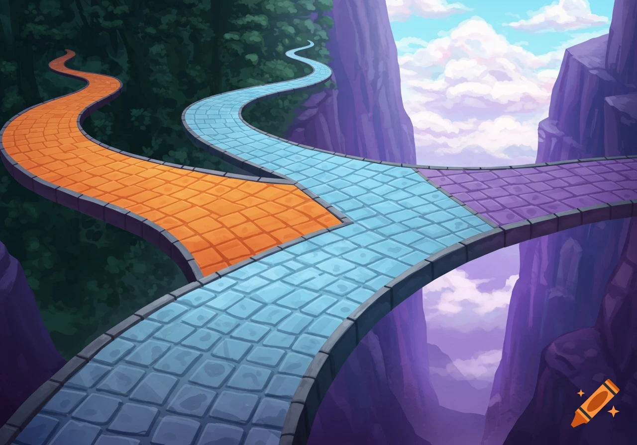A stylized landscape shows a winding pathway splitting into orange ...