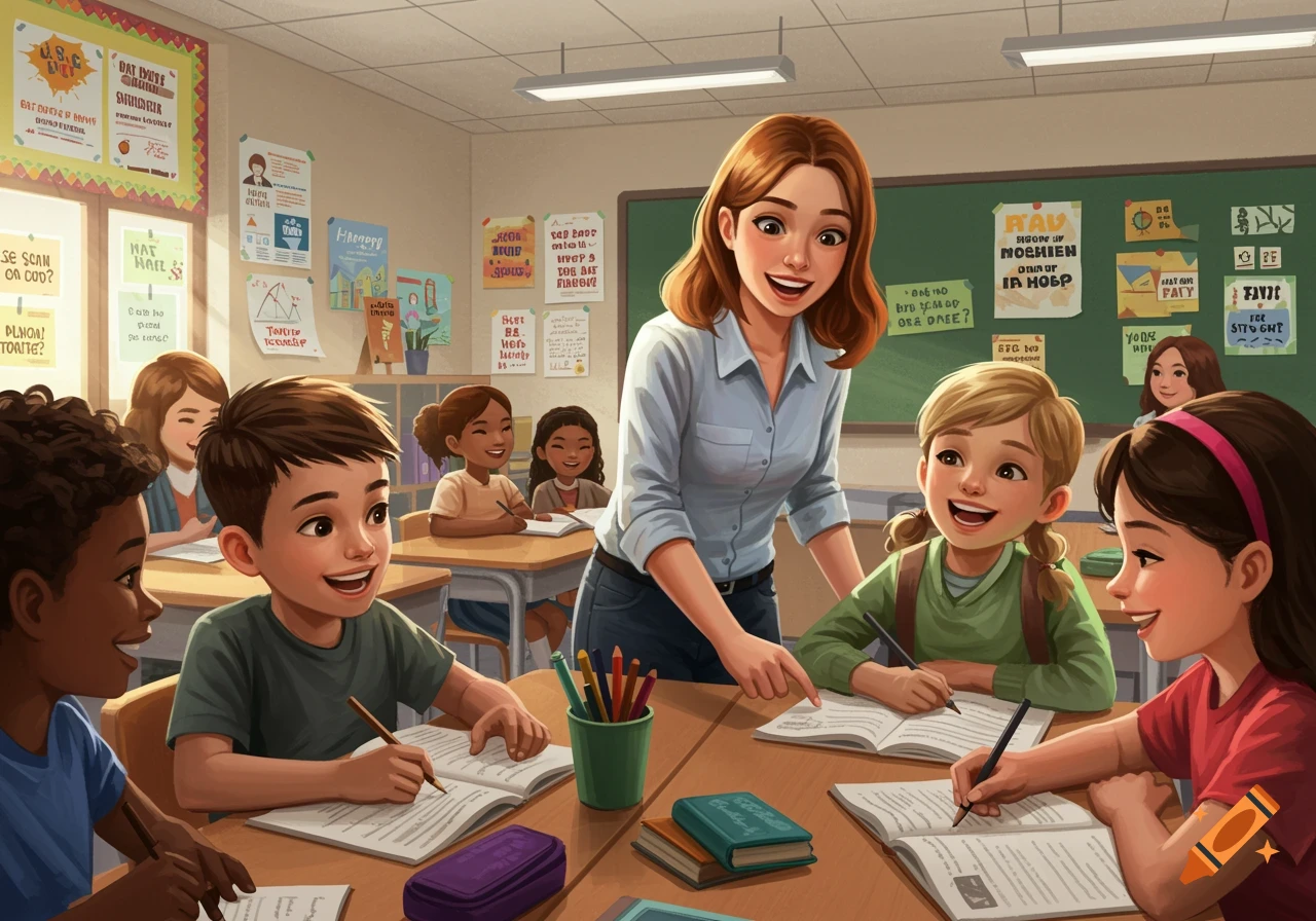 A friendly teacher in a blue shirt interacts with smiling students in a ...