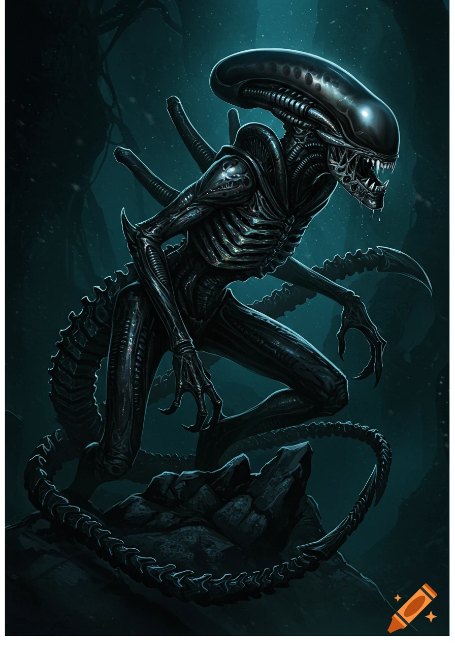 A detailed dark illustration of a Xenomorph creature standing in a ...