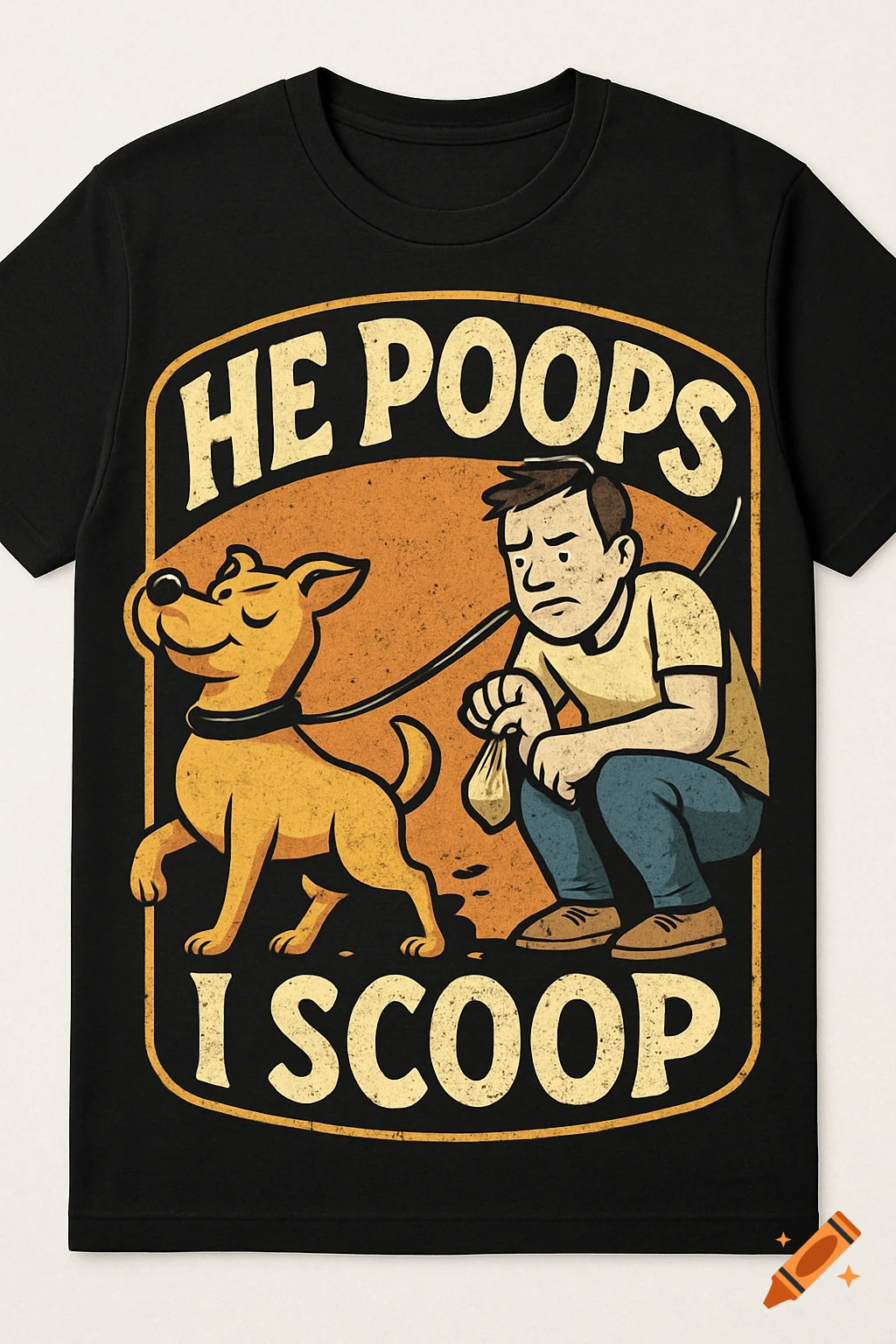 Black t-shirt with a vintage cartoon of a happy yellow dog and a man ...