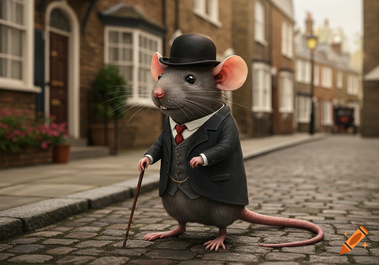 A dapper rat in a black suit, bowler hat, and red tie stands on a ...