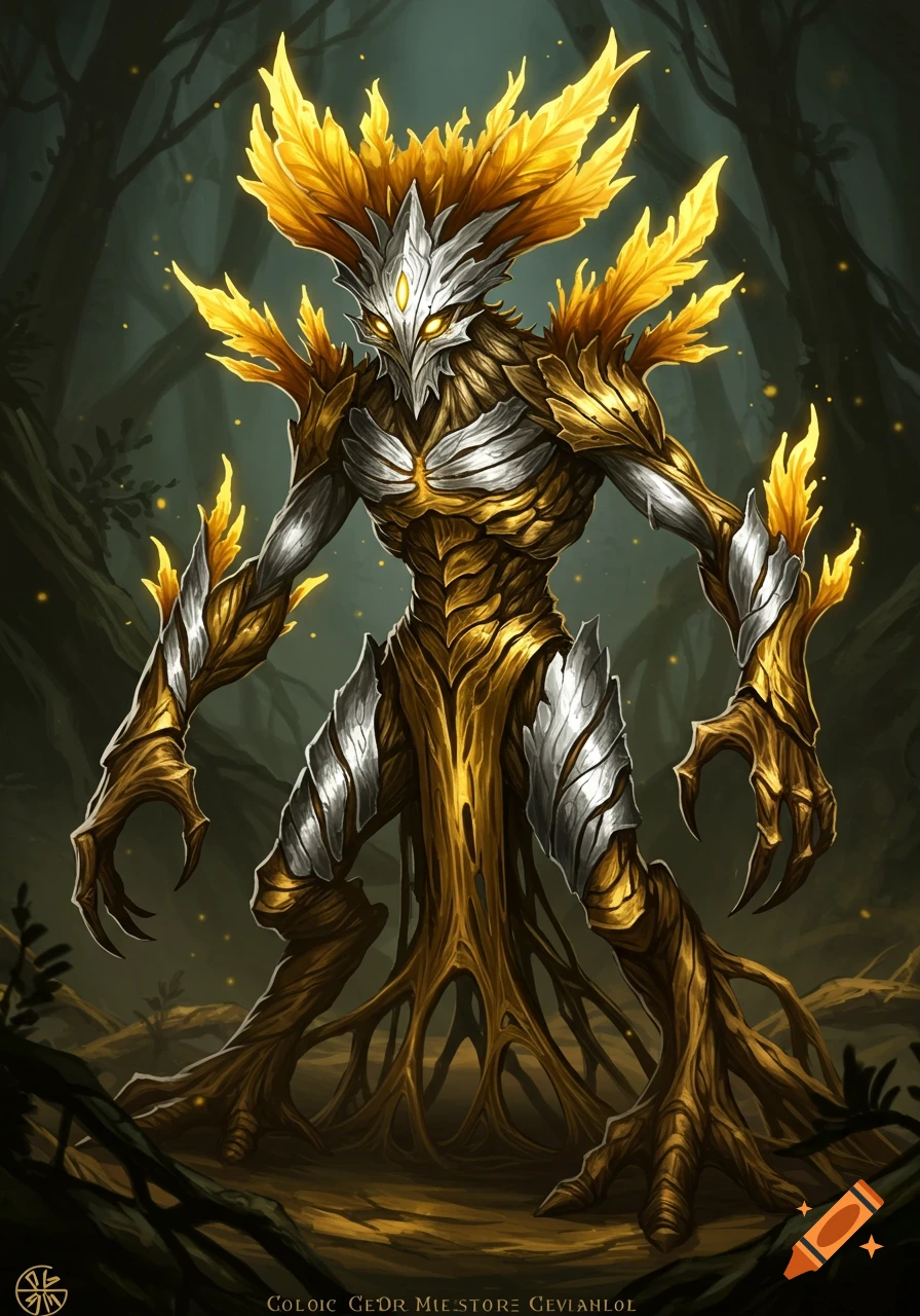A golden and silver root monster, with a leafy crown and glowing eyes ...