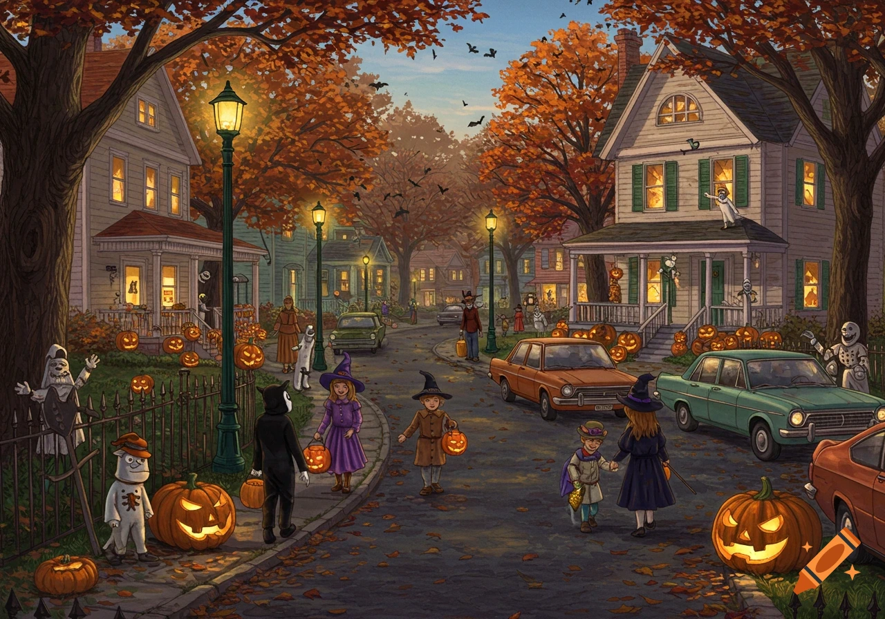 An illustrated Halloween scene in a small town neighborhood with ...