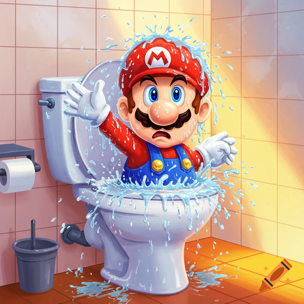 Cartoon Super Mario emerging from a toilet, soaking wet, with water ...