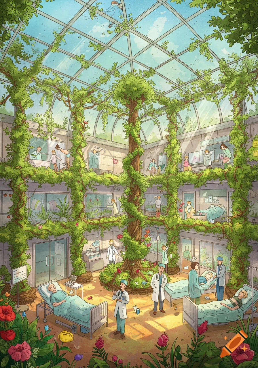 An illustrated hospital ward transformed into a lush greenhouse, with ...