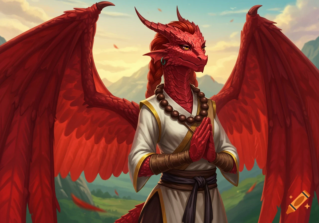 A red dragonborn monk with large red wings, wearing white robes and prayer beads, standing in a ...