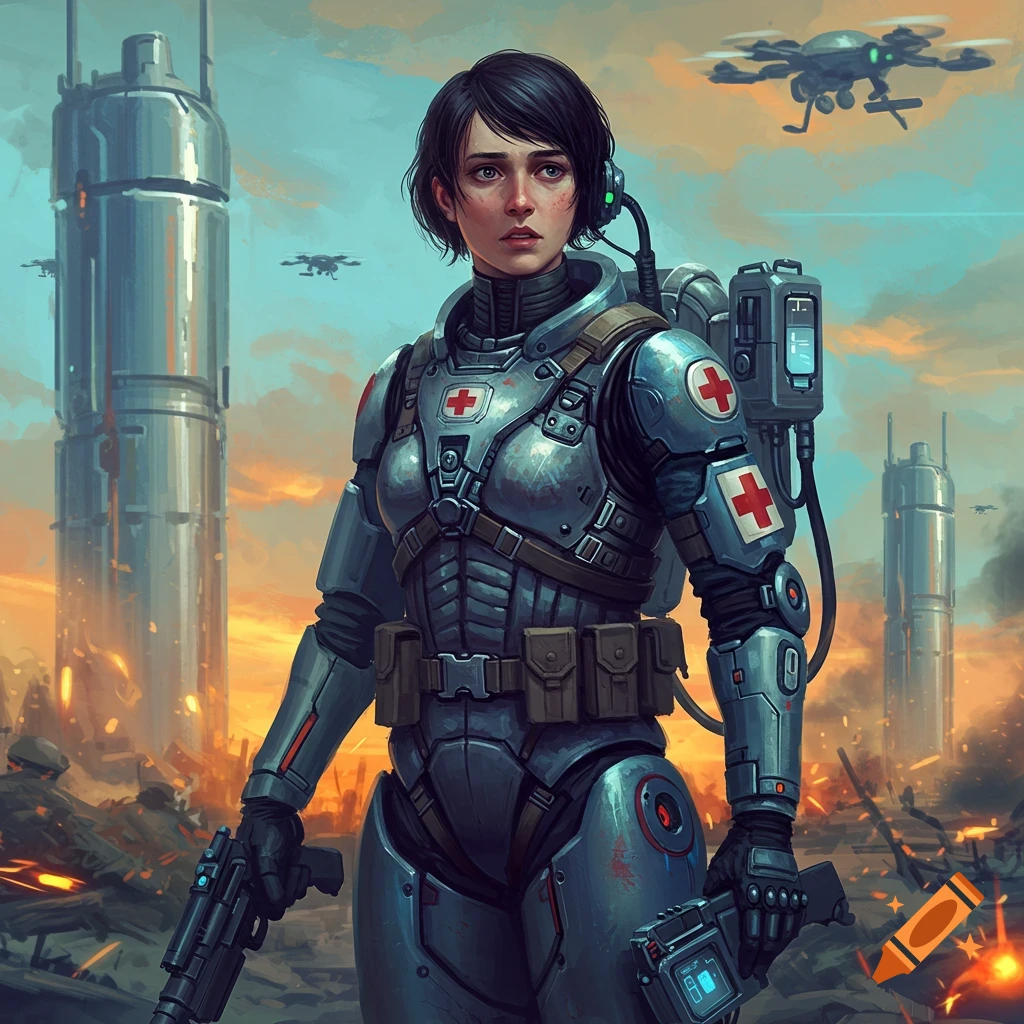 A female futuristic combat medic stands in a war-torn city with drones ...