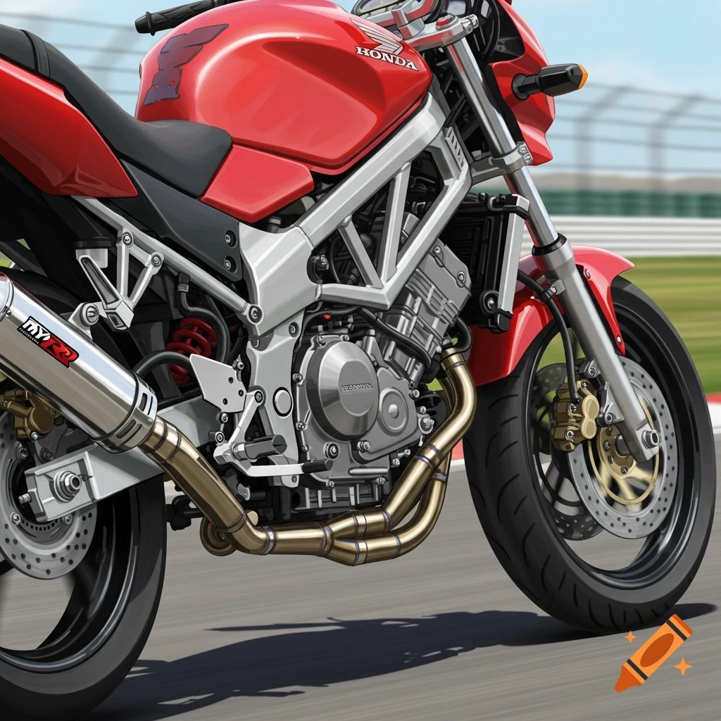 Red Honda VTR250 motorcycle in an illustrative style on a race track ...