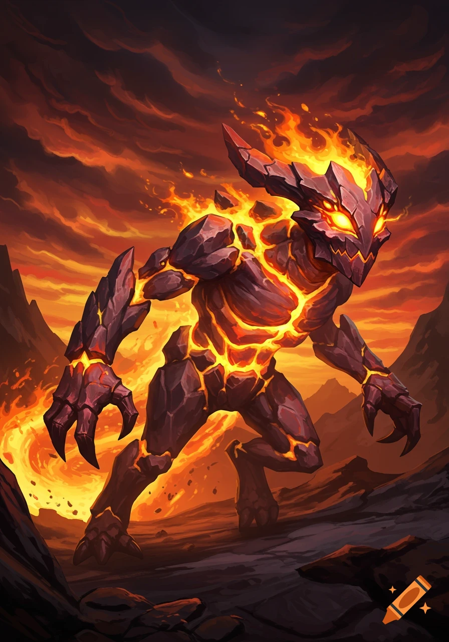 A menacing fire and rock elemental creature stands in a volcanic ...