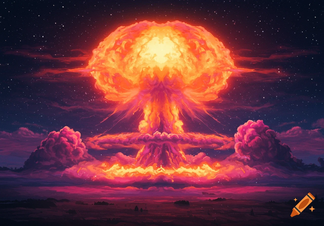 A vibrant, stylized mushroom cloud explosion in orange and yellow ...