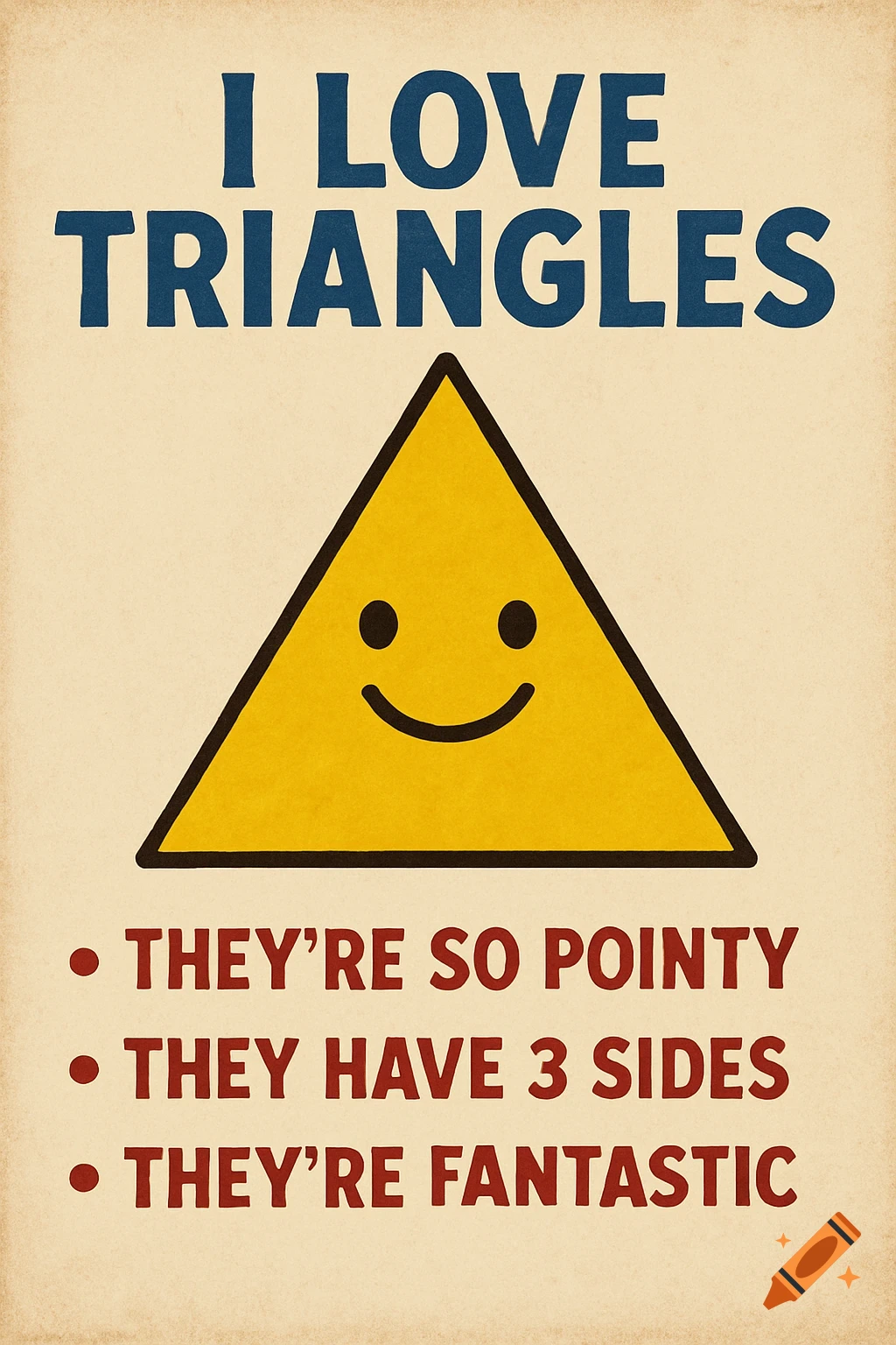 Vintage poster: 'I LOVE TRIANGLES' with smiling yellow triangle. Bullet ...