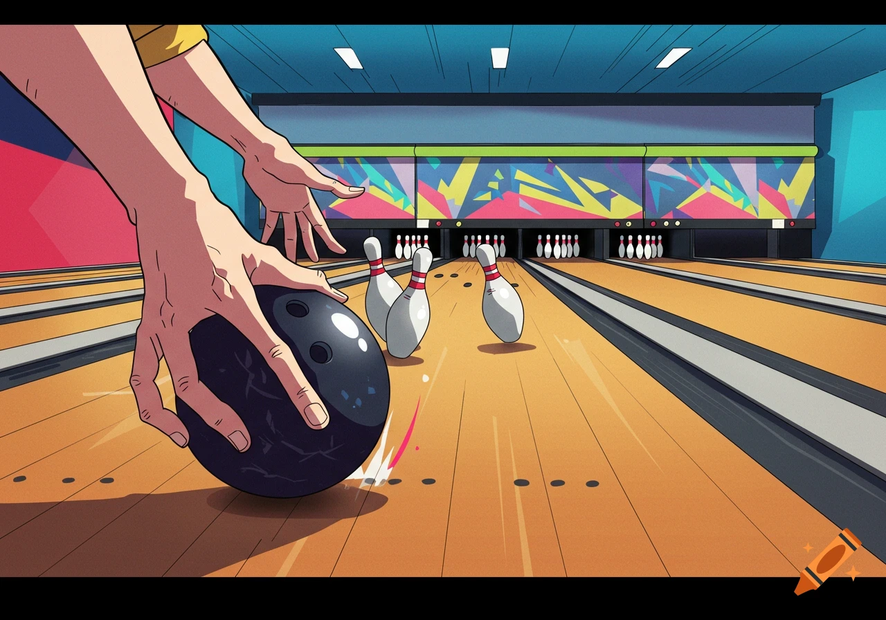 Close-up of hands releasing a bowling ball down an alley in Japanese ...