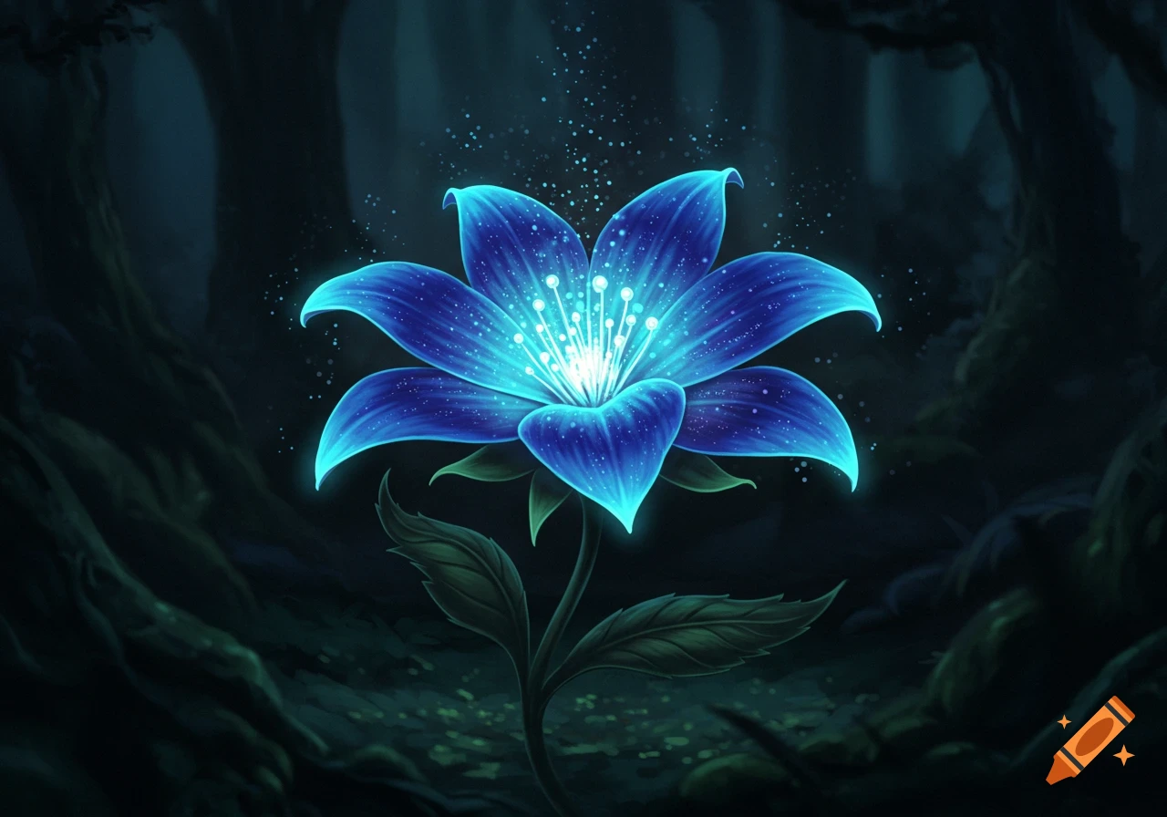 A vibrant blue glowing flower with sparkling particles stands in a dark ...
