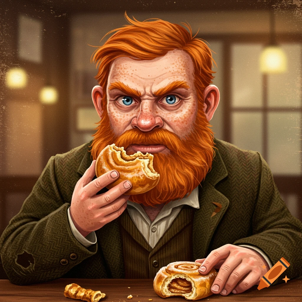 Illustrated angry red-haired man with a beard eating a donut, with ...