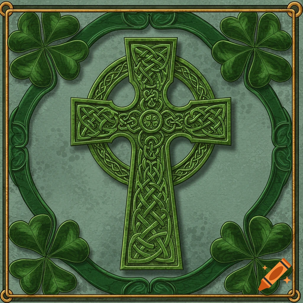 An ornate green Celtic cross with intricate knotwork, framed by green ...