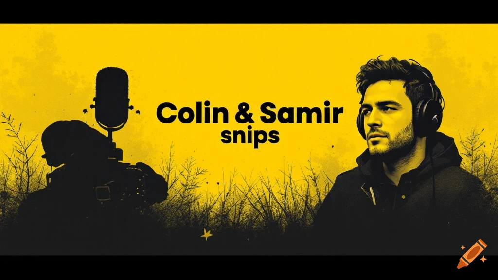 Stylized yellow and black YouTube banner featuring a man with headphones, a microphone ...