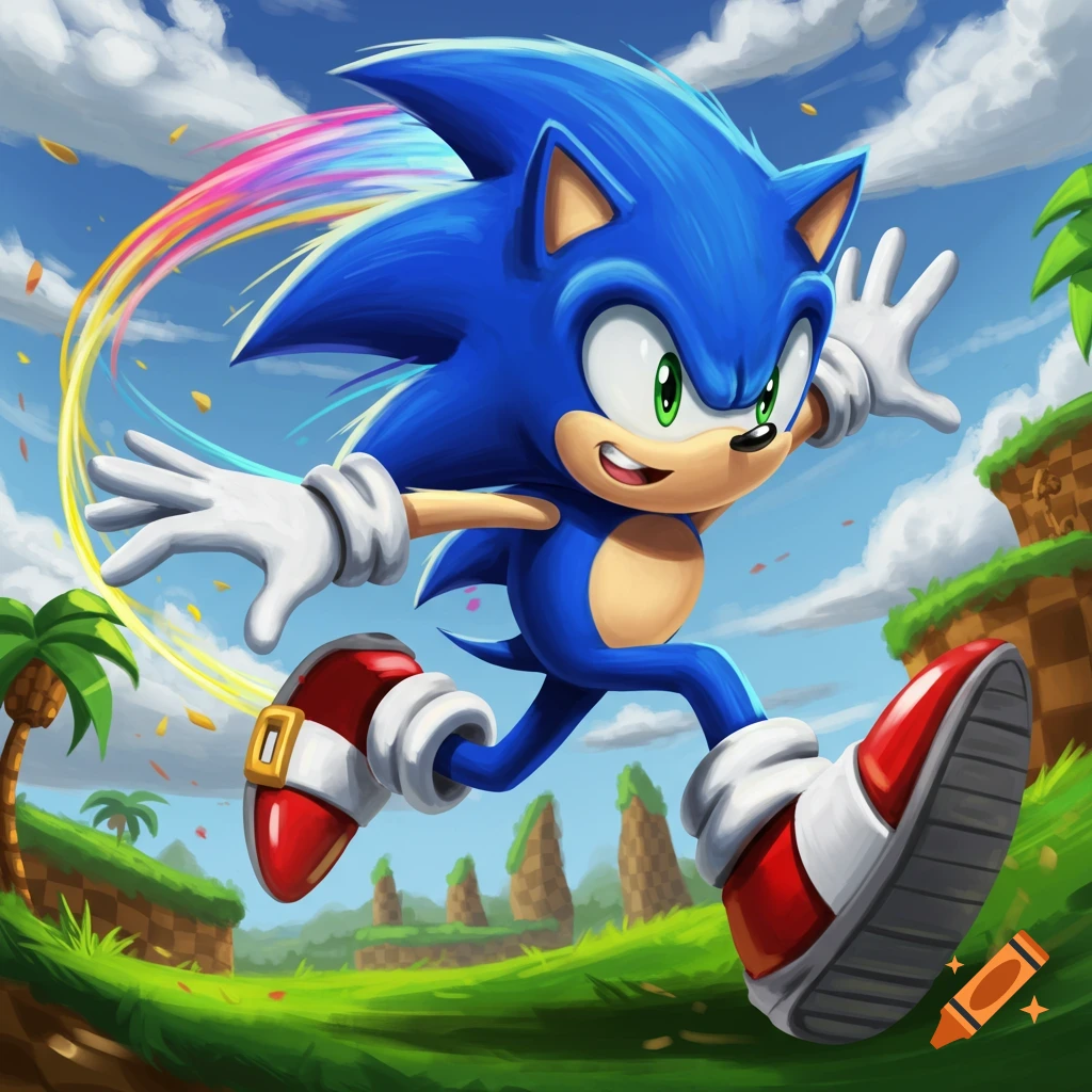 Sonic the Hedgehog running at high speed through a vibrant Green Hill ...