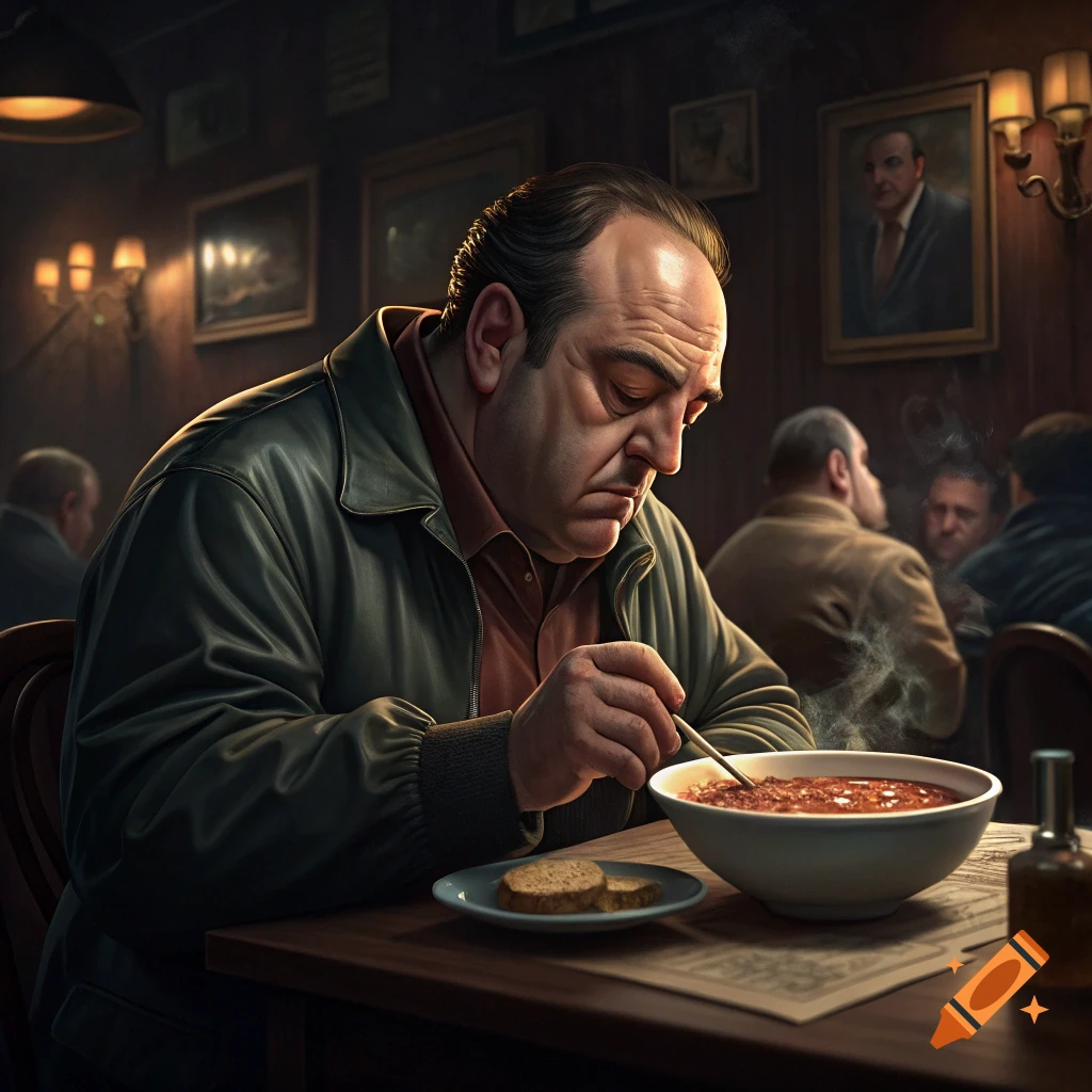 A man resembling Tony Soprano eats a bowl of stew in a dimly lit ...