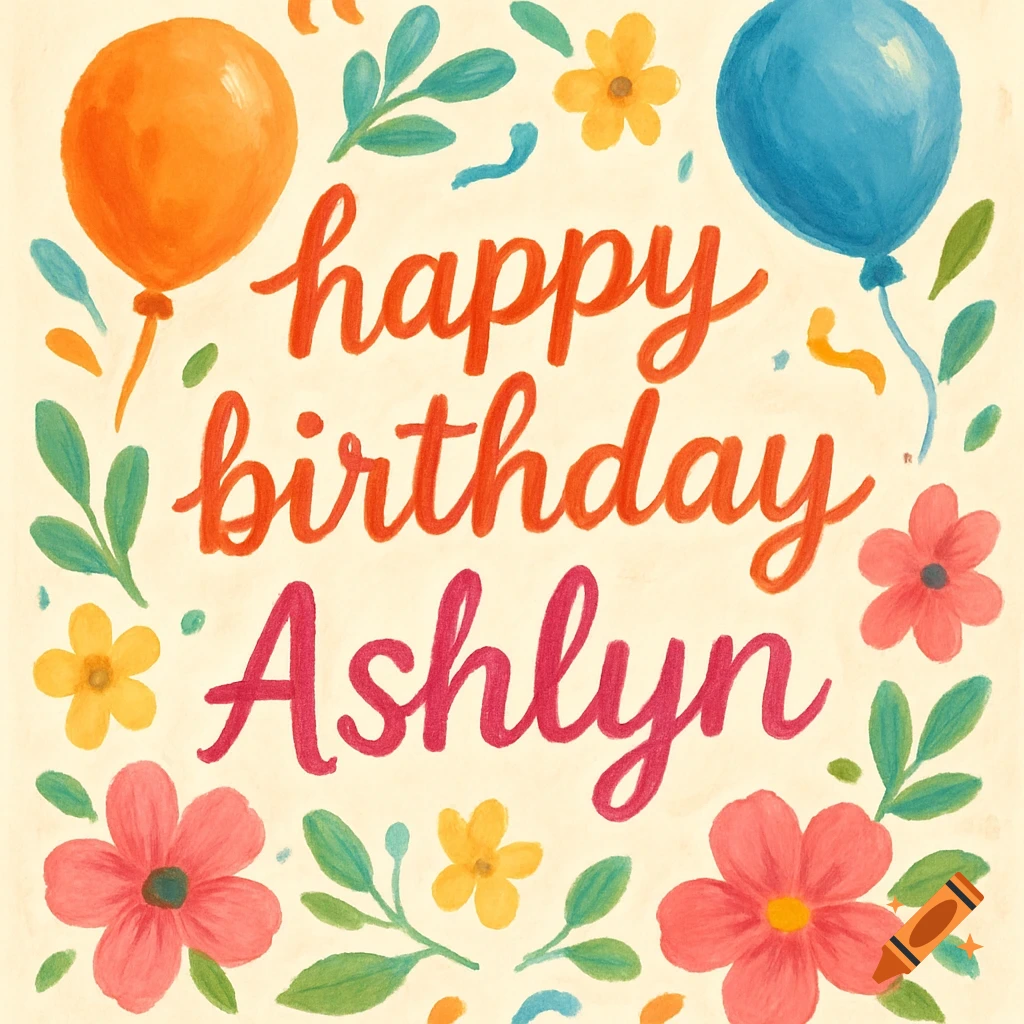 Colorful illustrated birthday card with 'happy birthday Ashlyn' text ...
