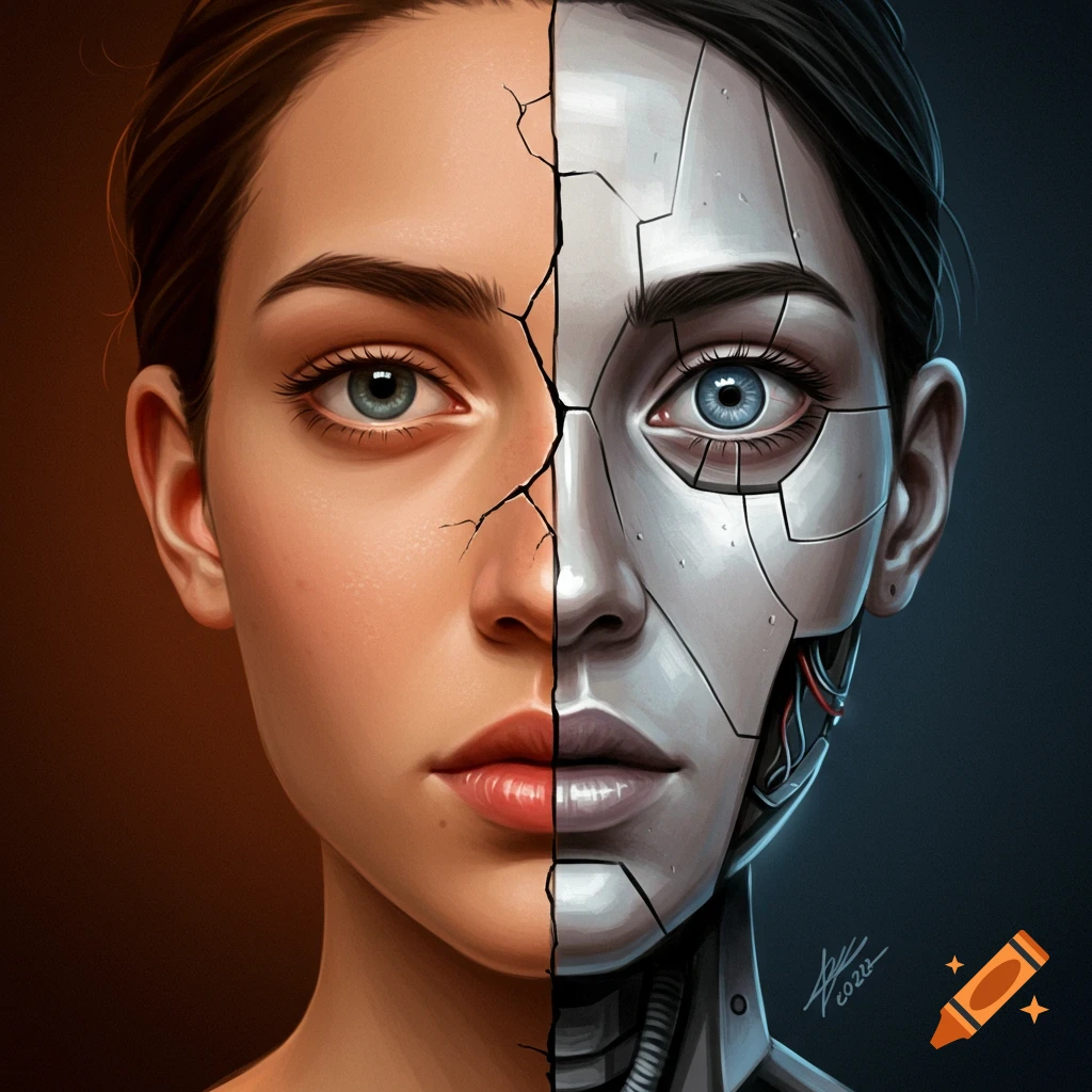 A portrait of a woman's face split down the middle, one side human and ...