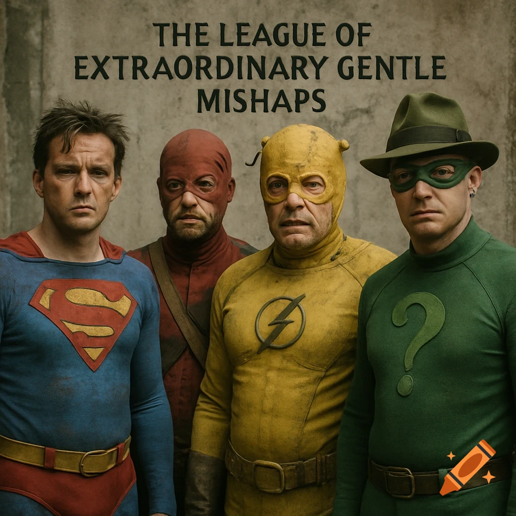 Four men in worn superhero costumes, including Superman and Flash ...