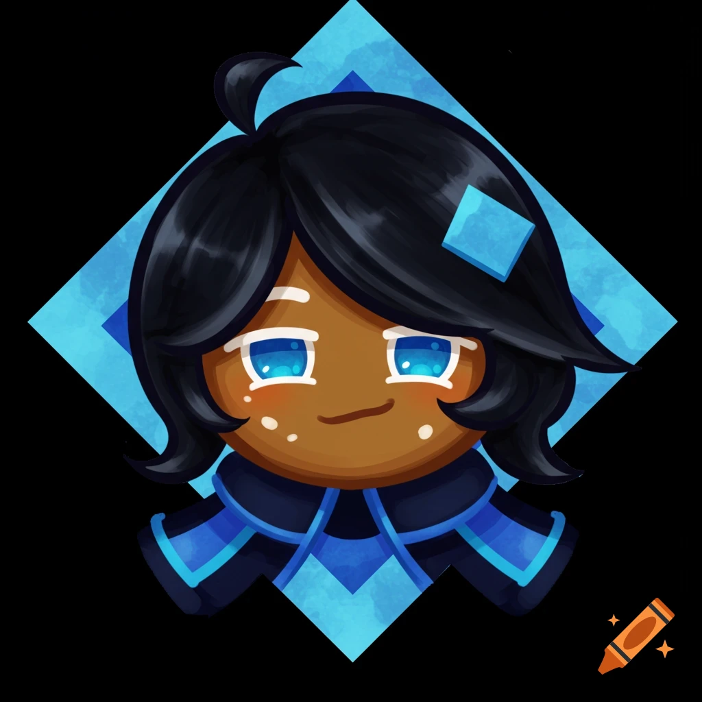 A cartoon cookie character with dark skin, black hair, and bright blue ...