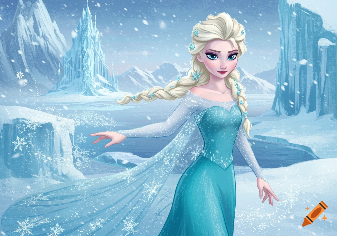 Cartoon illustration of Elsa from Frozen in a snowy landscape with an ...