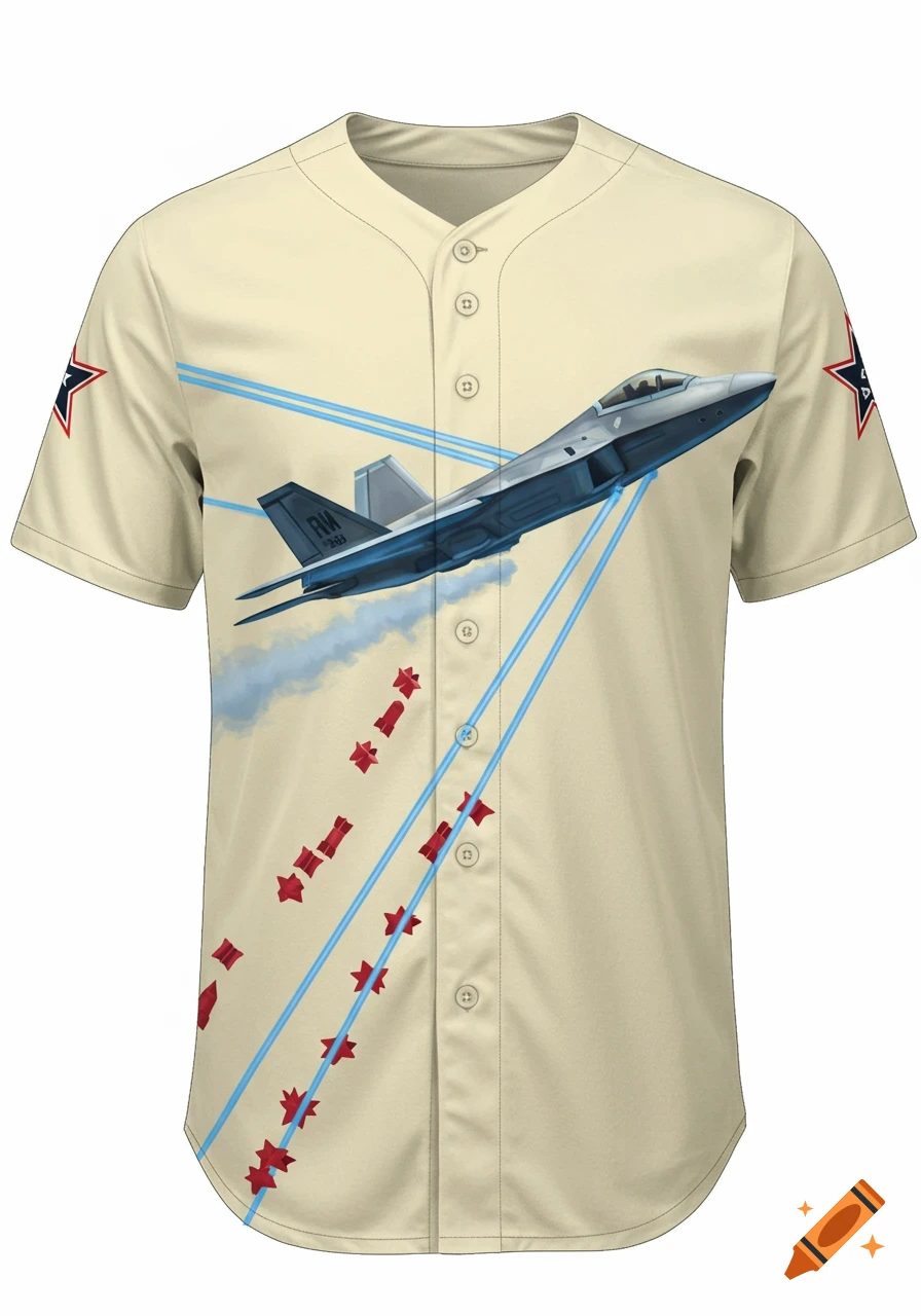 Cream-colored baseball jersey featuring an F-22 fighter jet, blue laser ...
