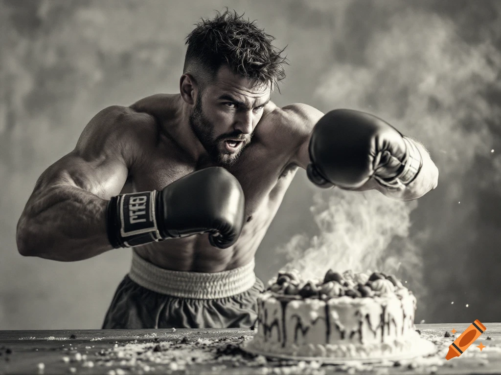A muscular male boxer in fighting stance with gloves, about to punch a ...