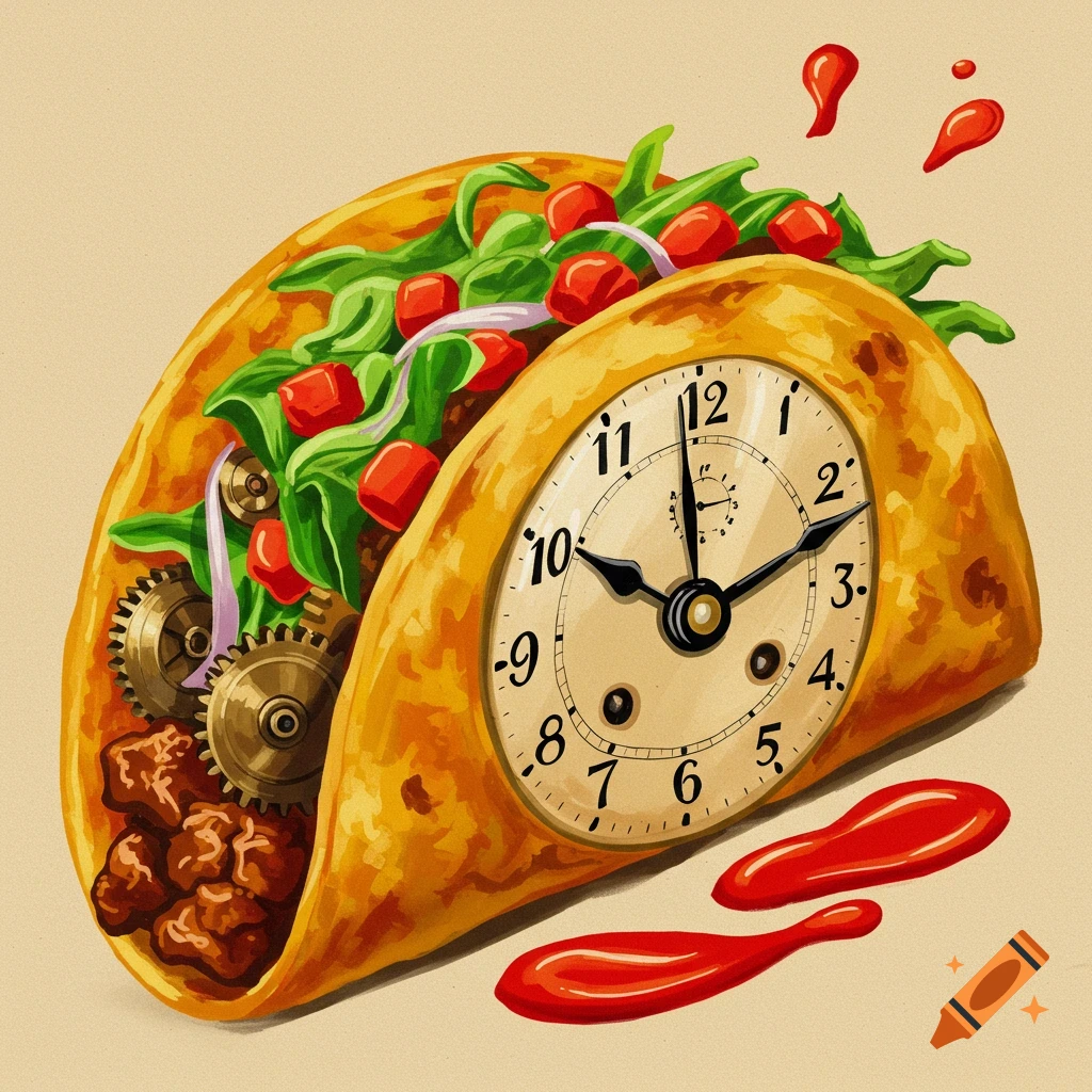 A stylized illustration of a taco with a clock face as one side of its ...