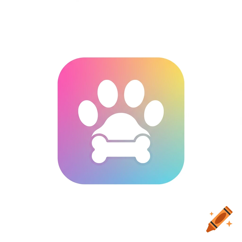 A white paw print icon with a bone symbol inside a rounded square with a rainbow gradient. on ...
