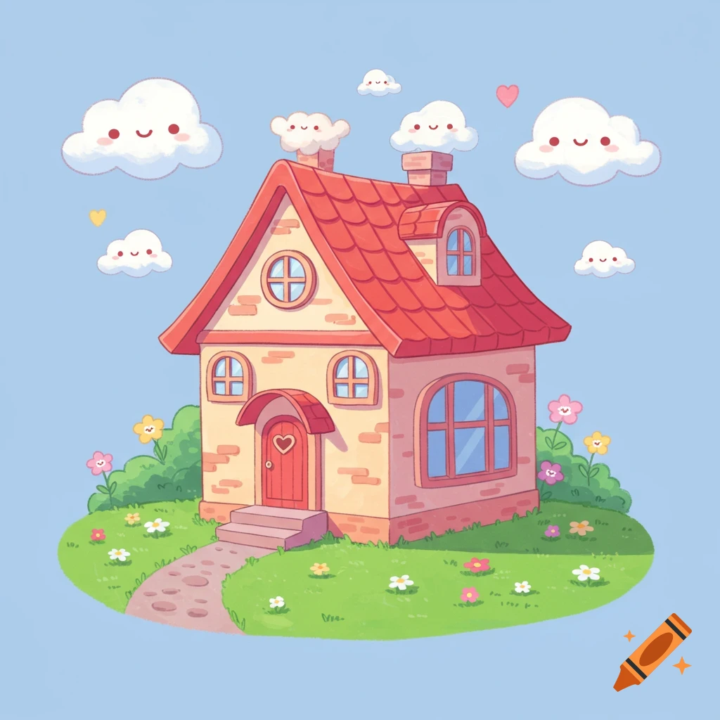 A cute cartoon house with a red roof, a heart on the door, a path ...