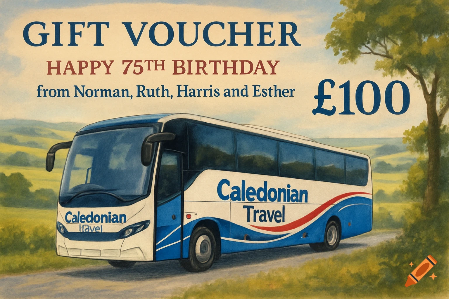 A gift voucher for " £100" for Caledonian Travel, celebrating a 75th ...