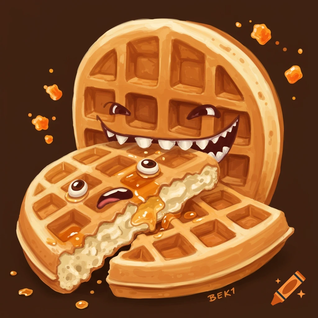 Cartoon waffles. A large, smiling waffle with teeth eats a smaller ...
