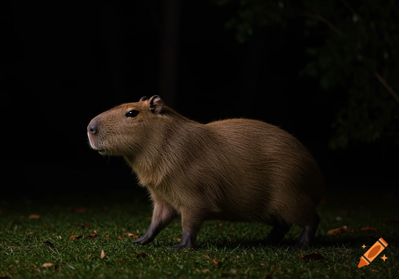 A photorealistic capybara stands on grass at night, looking left. on ...