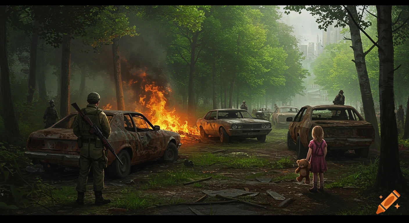 A soldier stands in a lush, post-apocalyptic forest with burning cars ...
