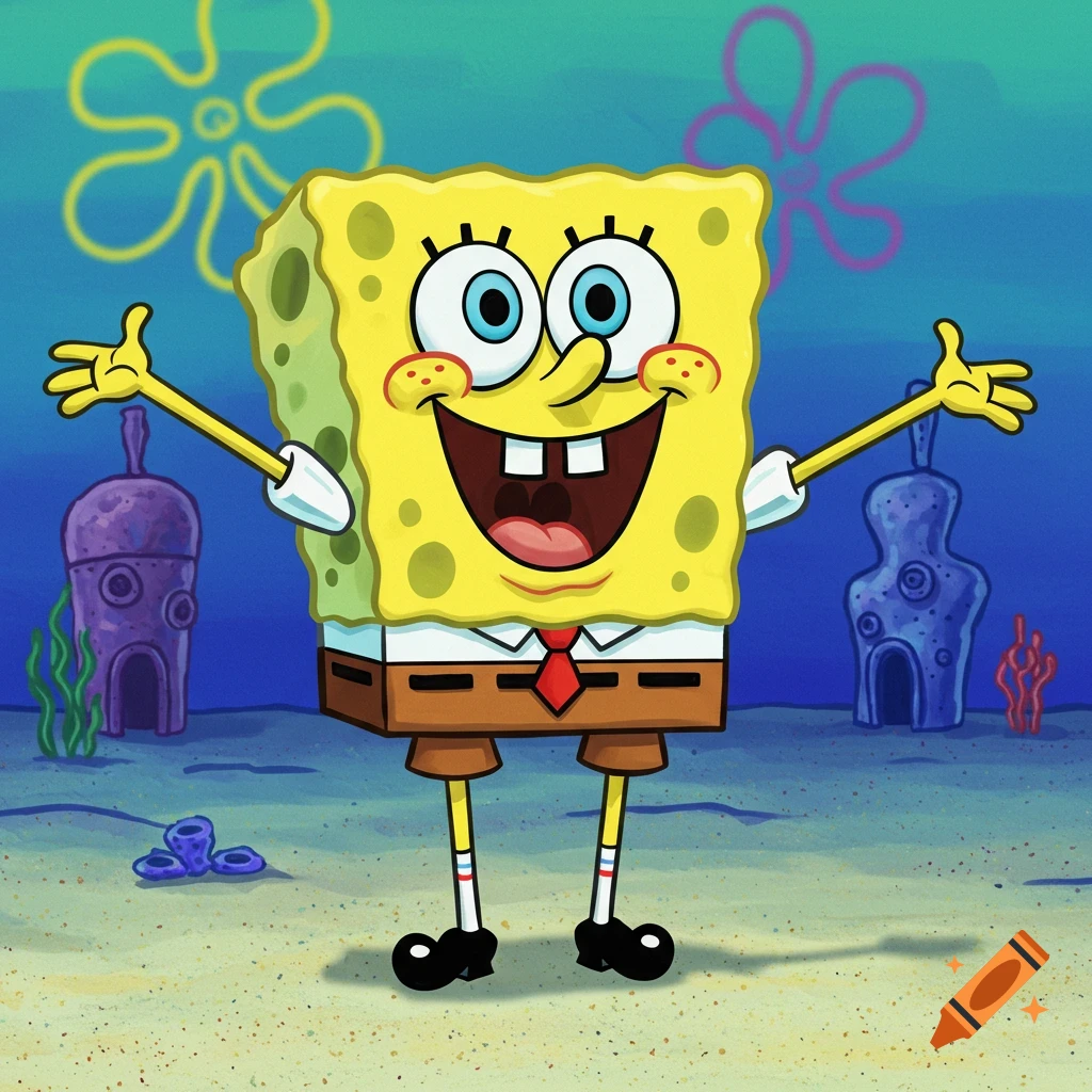 Spongebob Squarepants stands cheerfully with arms wide open on the ...