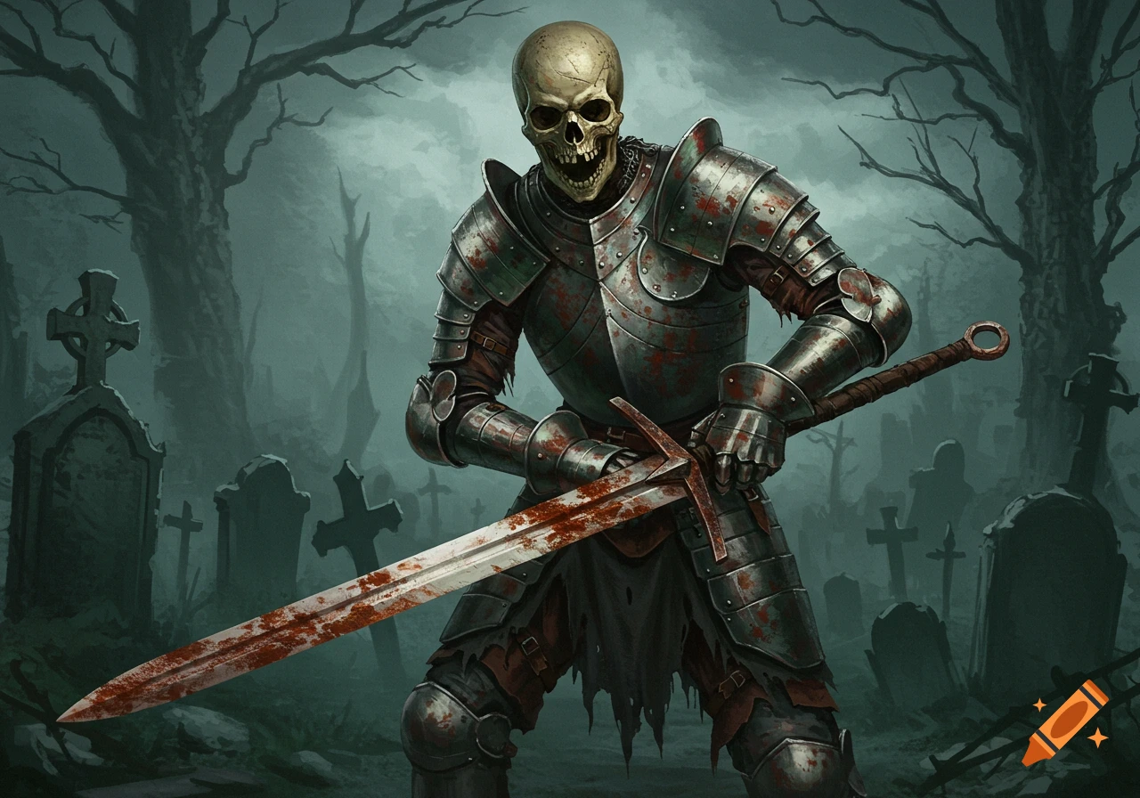 A skeleton warrior in blood-splattered medieval armor holds a large ...