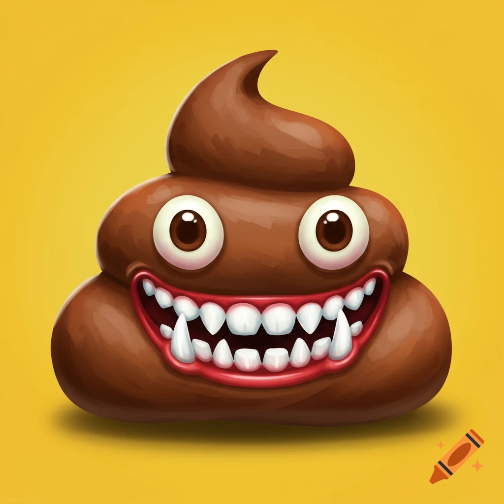 A cartoon poop emoji with large eyes and a wide, fanged smile against a ...