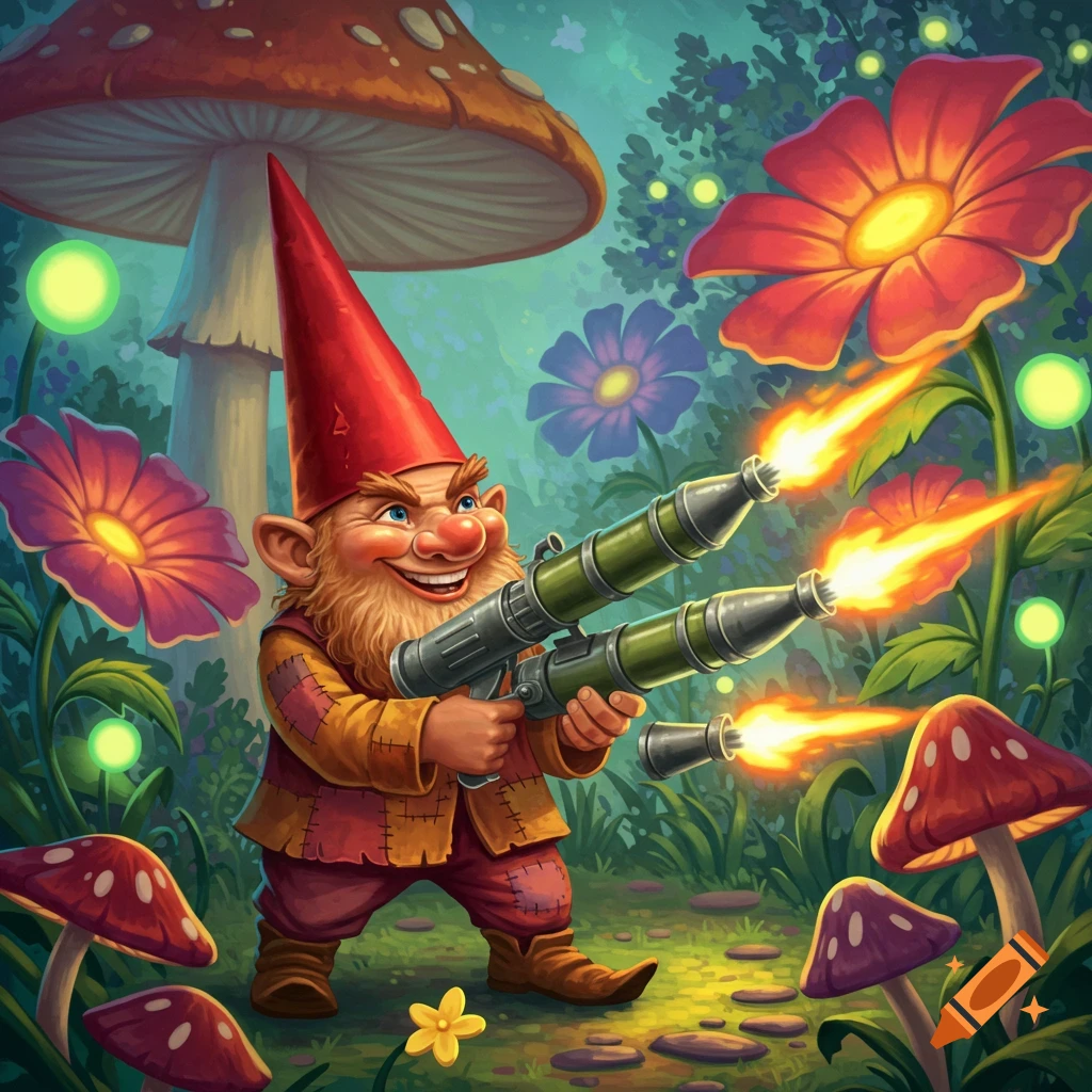A cheerful gnome in a red hat fires a triple-barreled rocket launcher ...