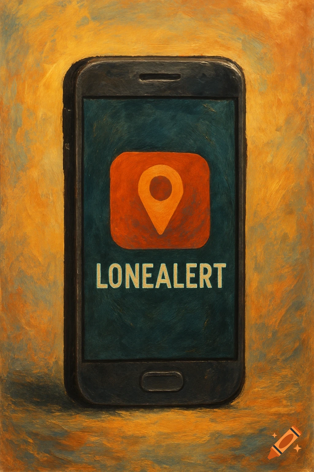 A painting of a black smartphone with a red-orange location pin app icon and "LONEALERT" text on ...