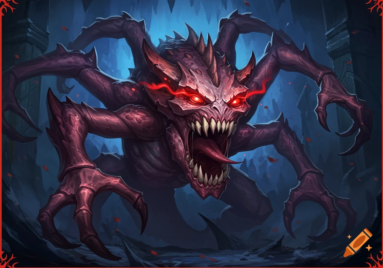 A menacing red multi-limbed monster with glowing red eyes and sharp teeth, roaring in a dark ...