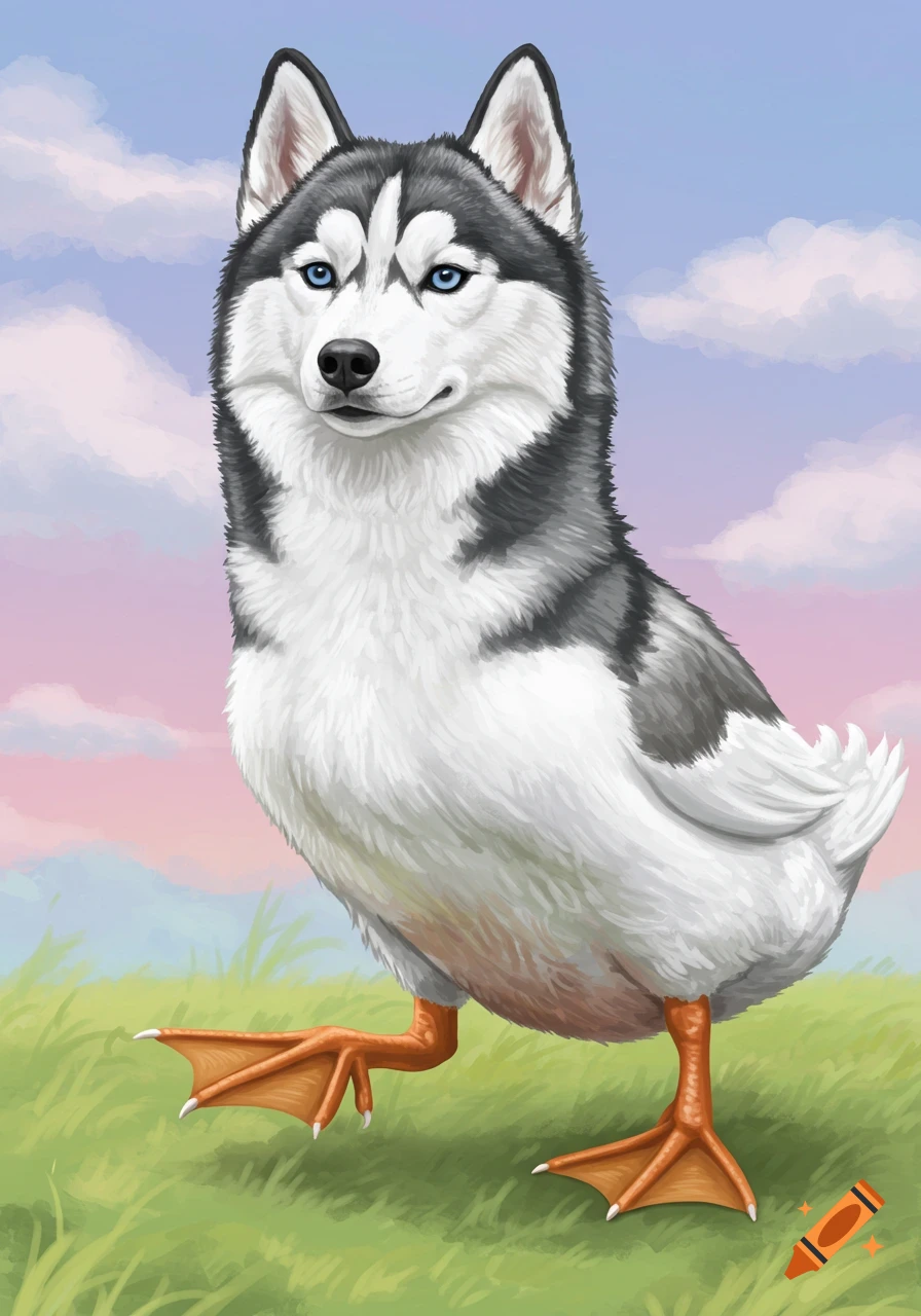 A husky dog with blue eyes and a duck body, standing in a grassy field ...