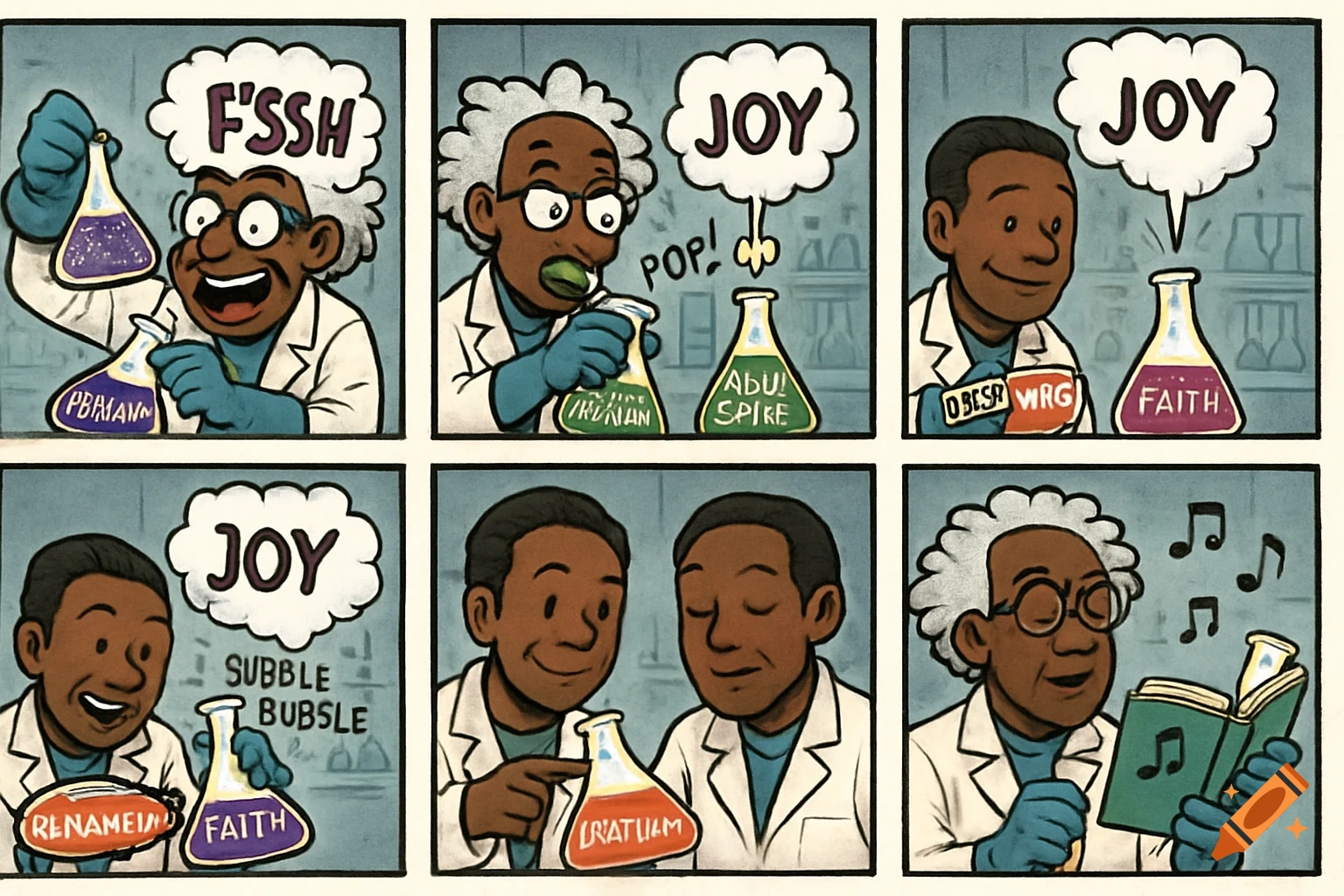 A six-panel cartoon strip shows Black scientists in a lab. The older 'mad scientist' and a ...
