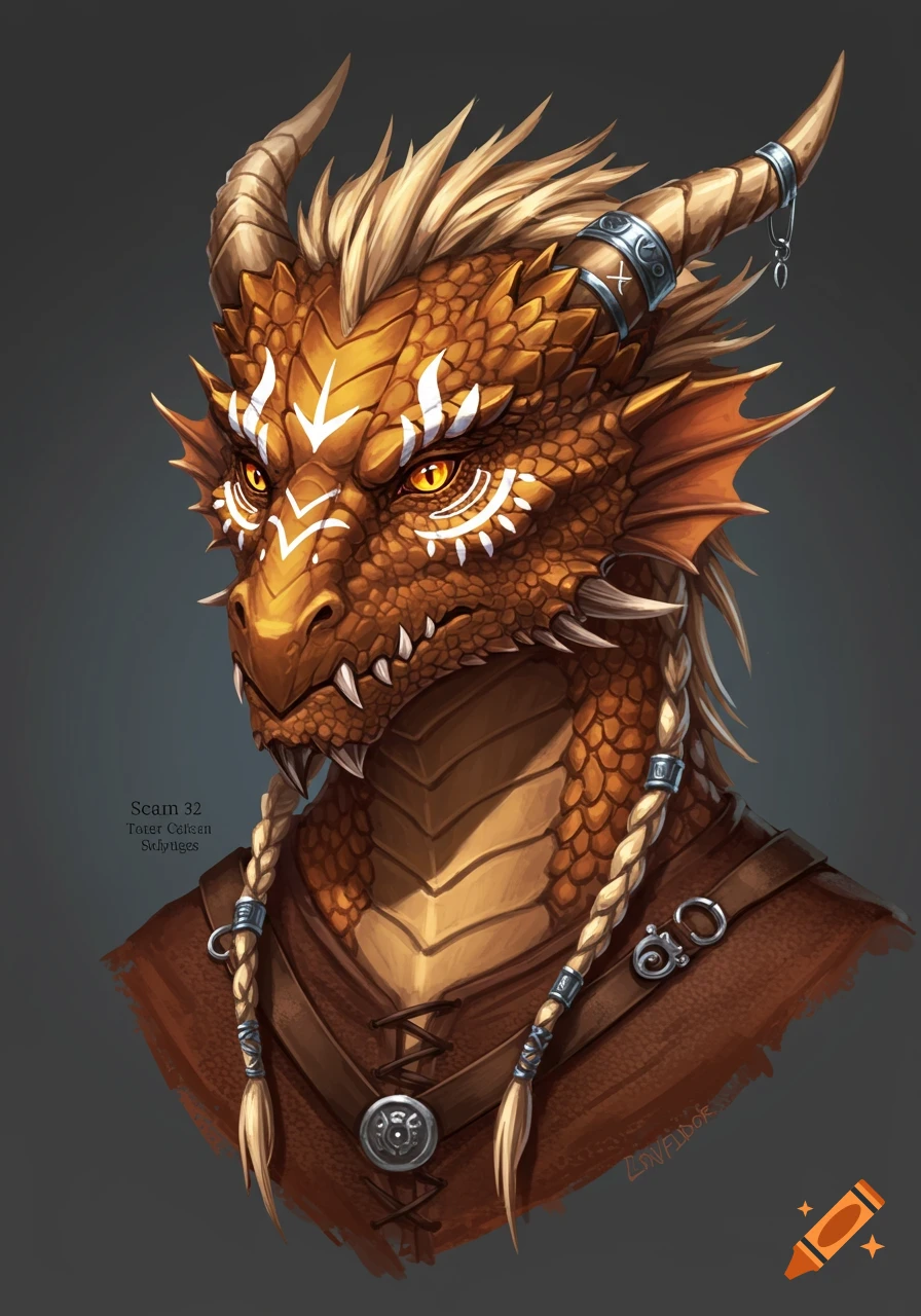 A detailed portrait of a golden-orange Dragonborn with yellow eyes ...