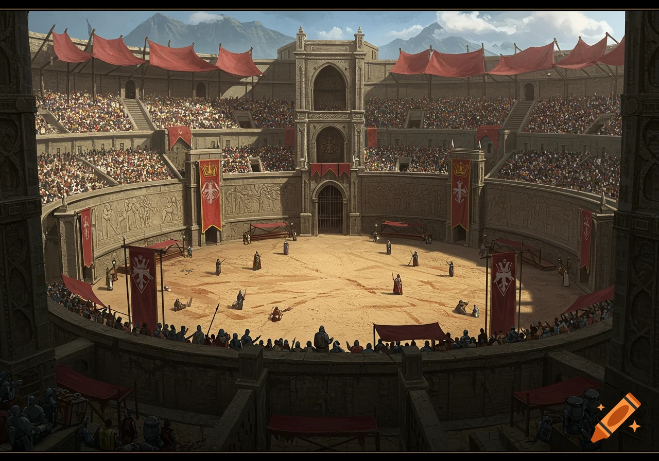 A grand, circular stone arena filled with a large crowd, with several ...