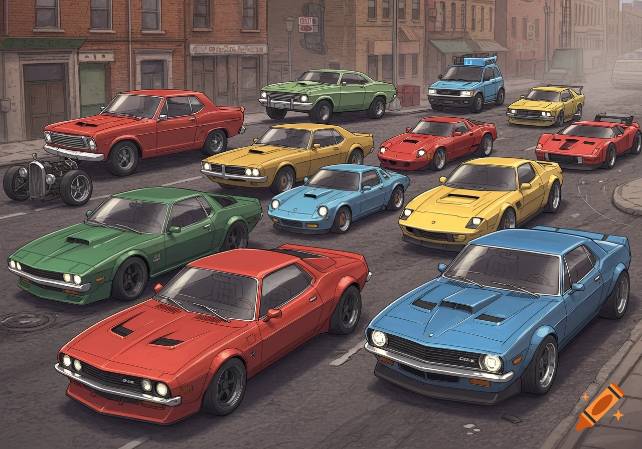 An overhead view of numerous classic cars, including various coupes and ...